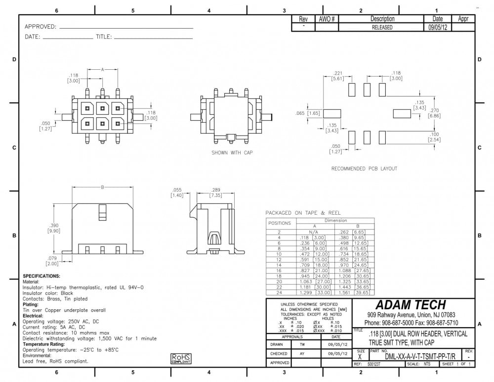 ADAM TECH DML-08-A-V-T-TSMT-PP-T/R technical drawing