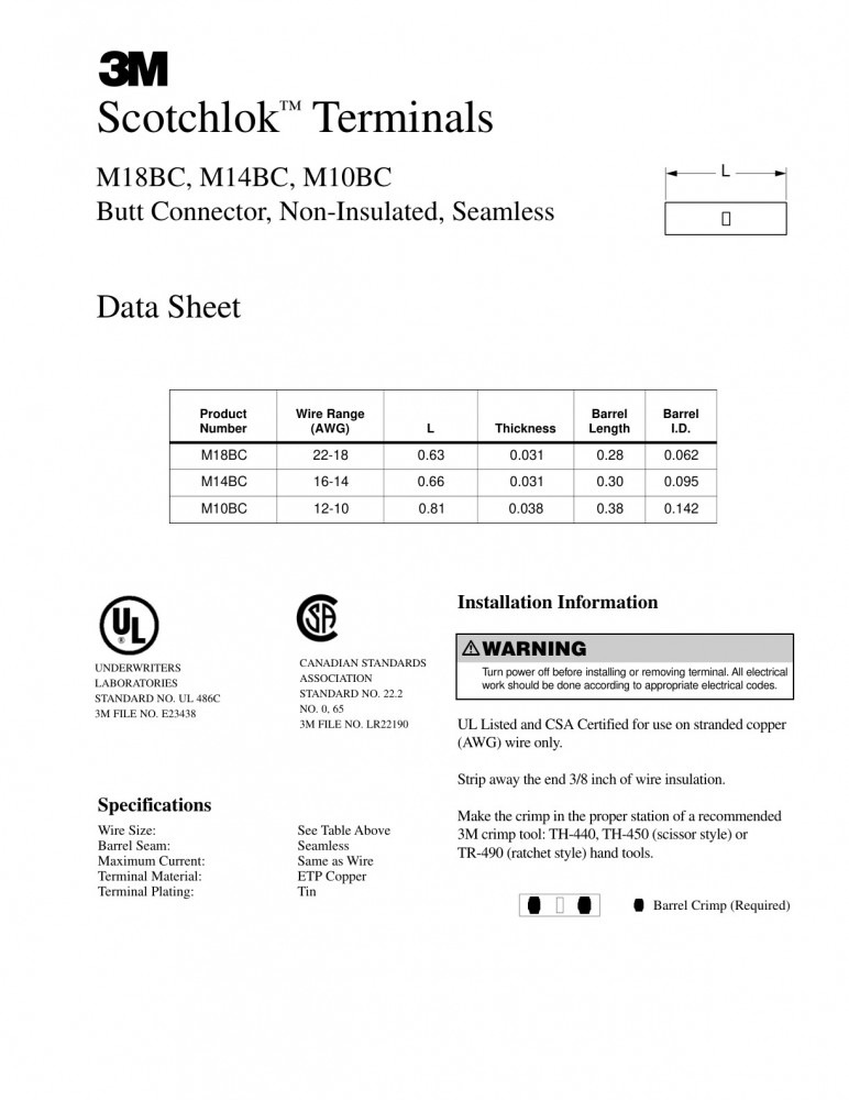 3M Scotchlok M14BCK technical document page 1