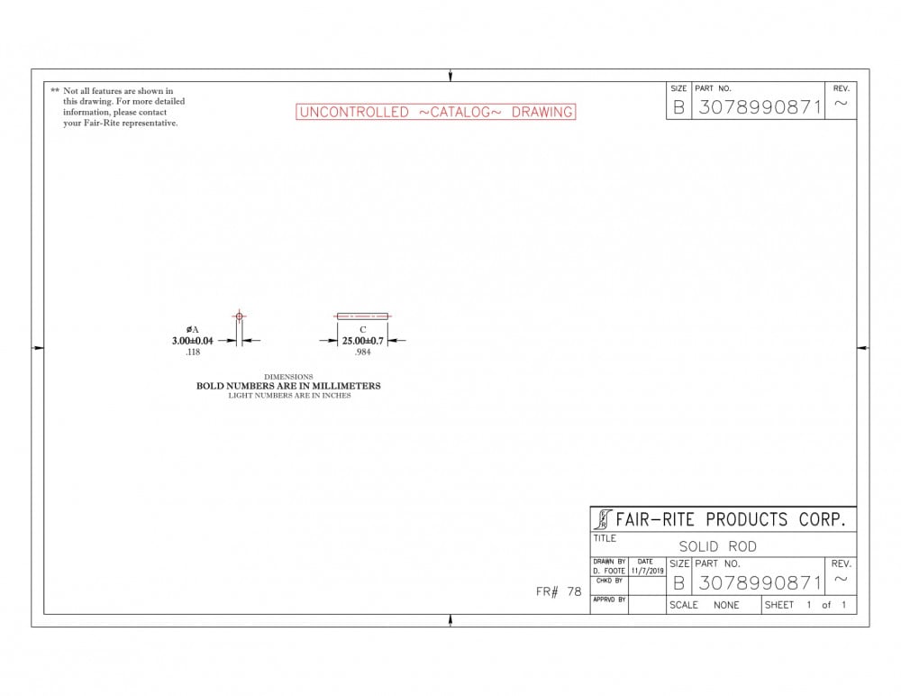 Fair-Rite 3078990871 solid rod product drawing