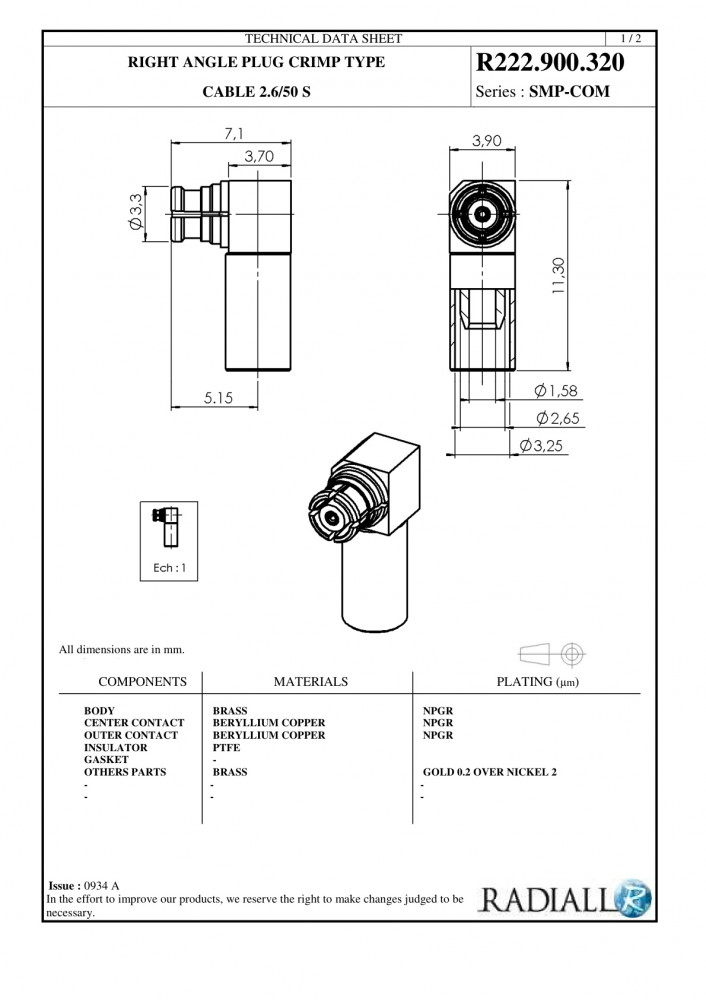Radiall R222900320 technical datasheet page 1