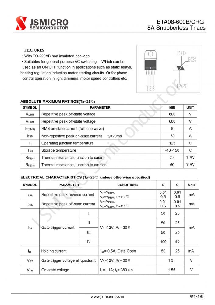 BTA08-600CRG datasheet page 1