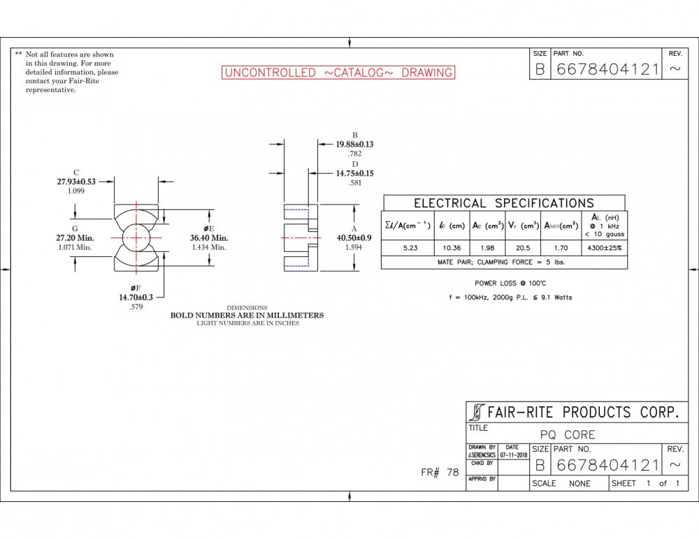 Fair-Rite 6678404121 PQ core drawing