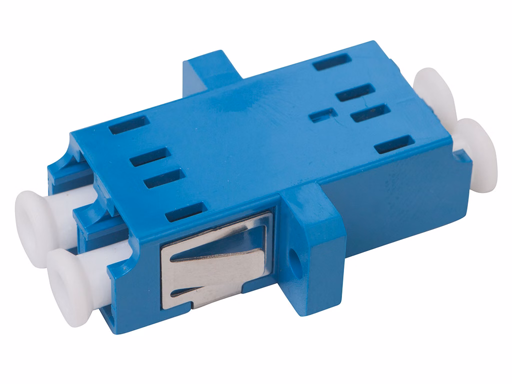 LC/UPC One Body Adapter, Duplex, Singlemode, Blue Body, Ceramic Alignment Sleeve, Small Flange, Snap Mount, Metal Mounting Plate
