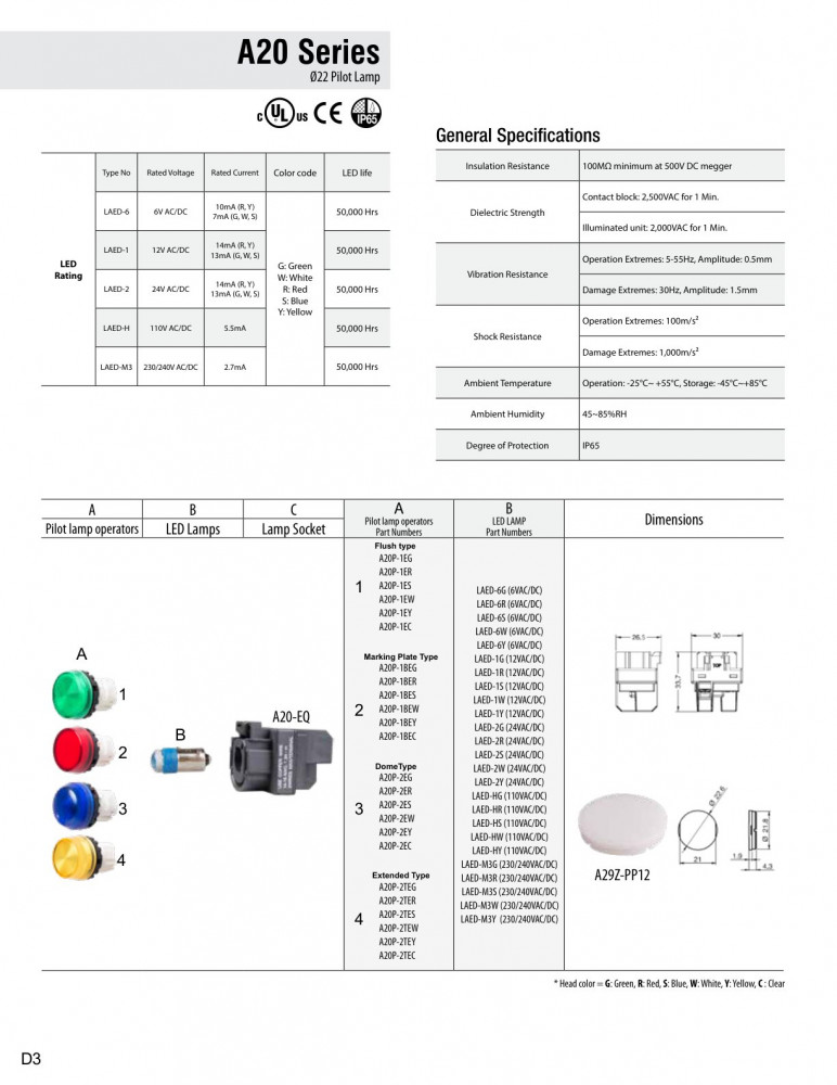 A20 Series pilot lamp technical document page