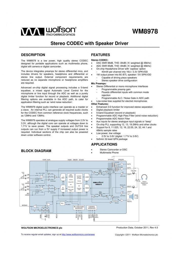 WM8978CGEFL/RV datasheet page 1
