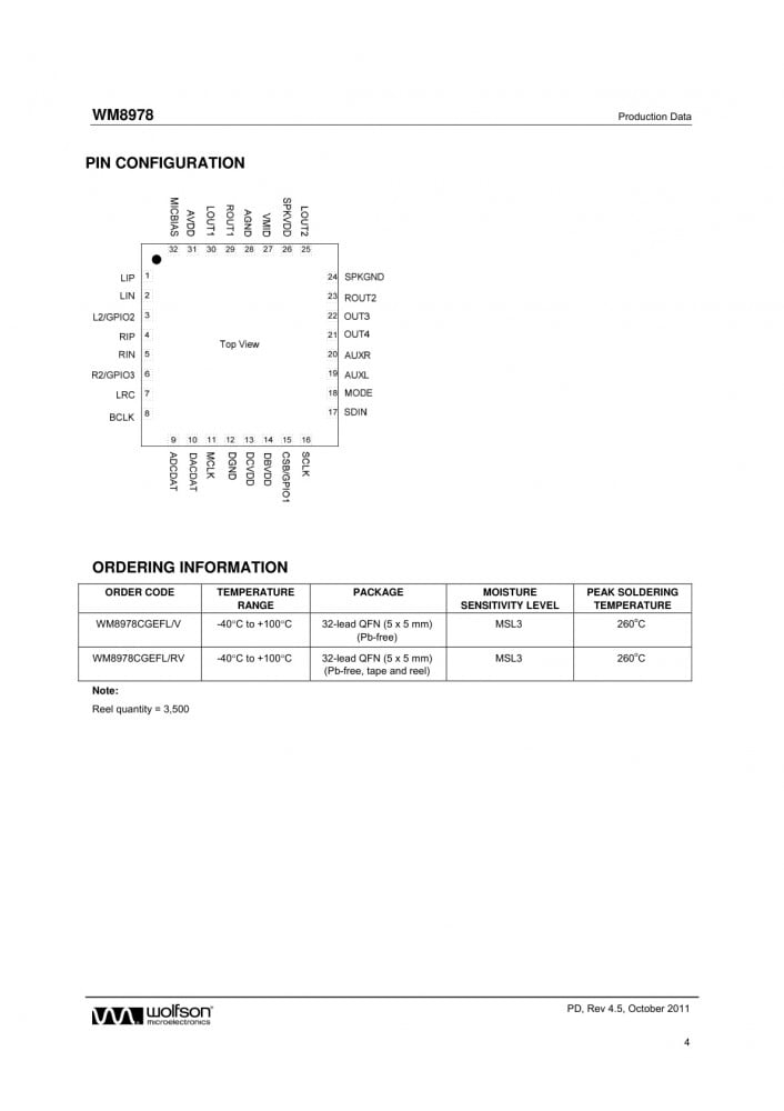 WM8978CGEFL/RV datasheet page 4