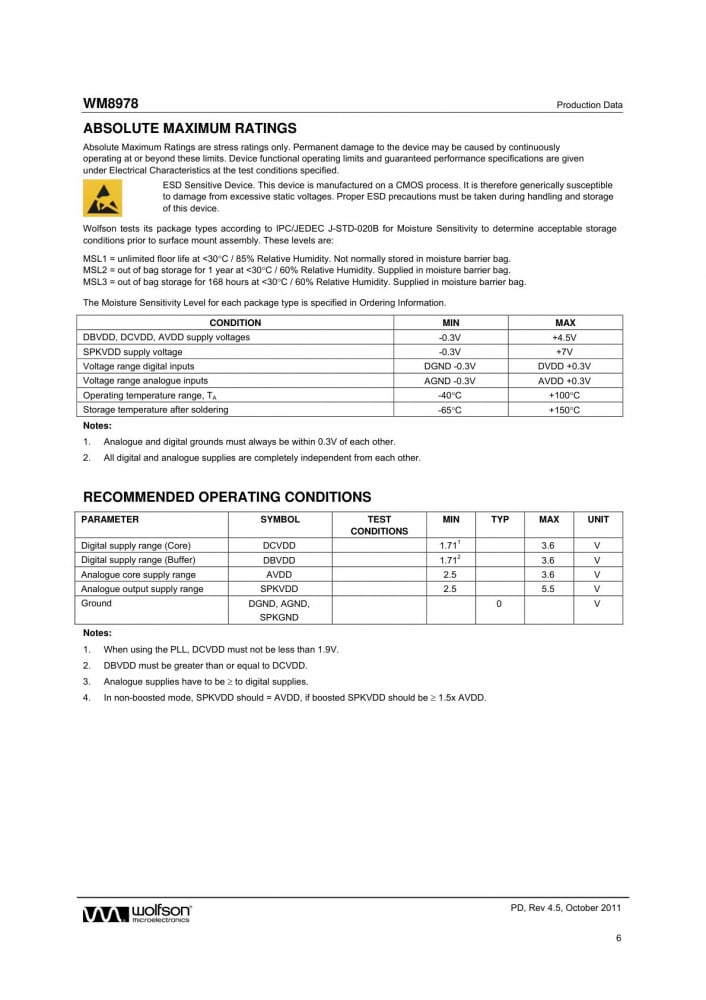 WM8978CGEFL/RV datasheet page 6