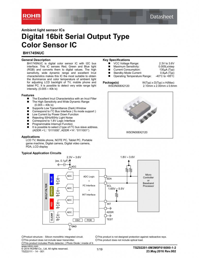 BH1745NUC-E2 technical document page 1
