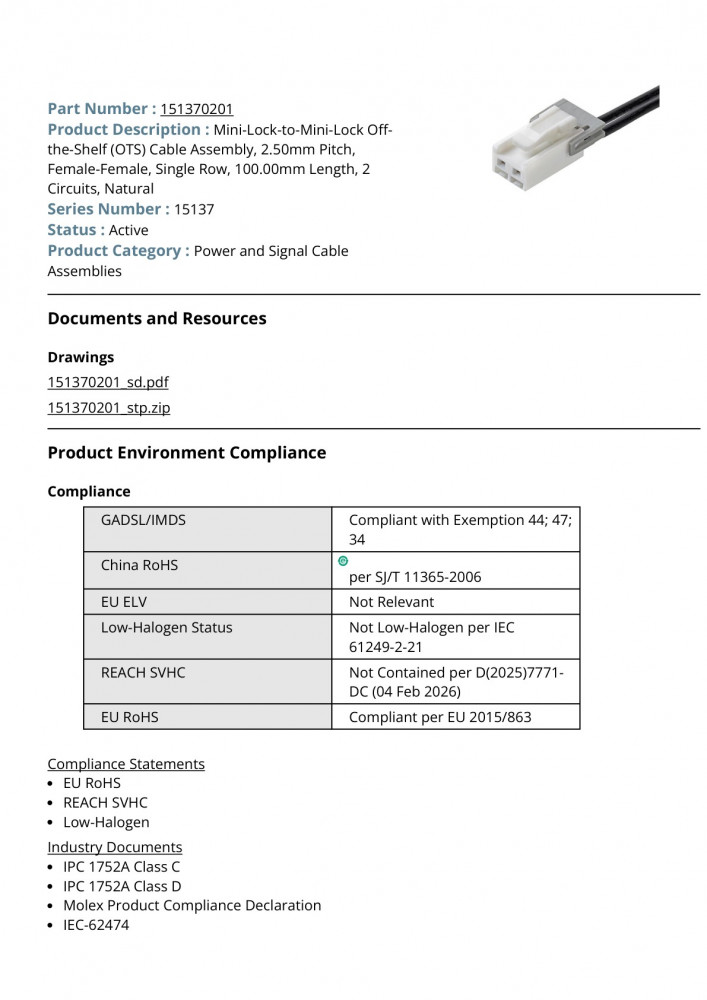 Technical document page 1 for MOLEX 151370201