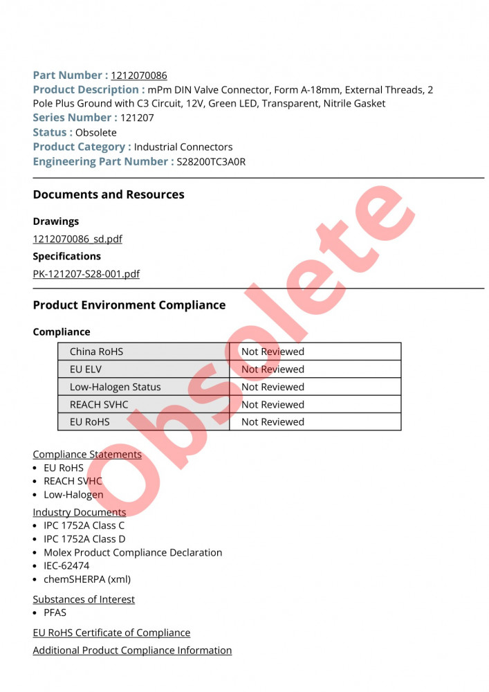 Molex S28 DIN valve connector packaging specification, page image 1