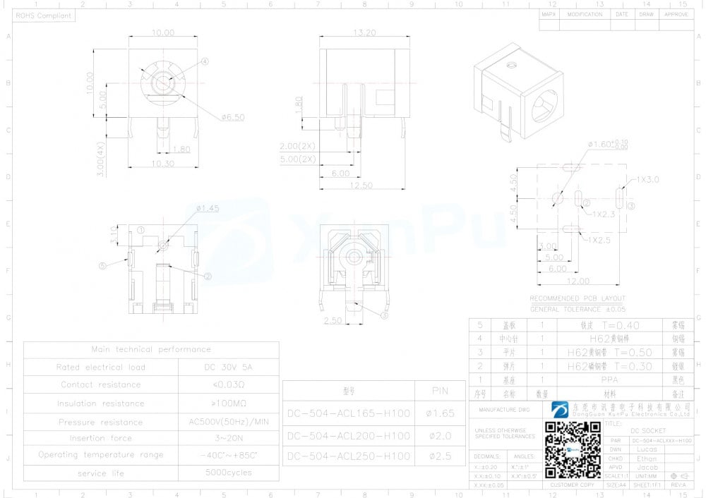 XUNPU DC-504-ACL250-H100 manufacturing drawing