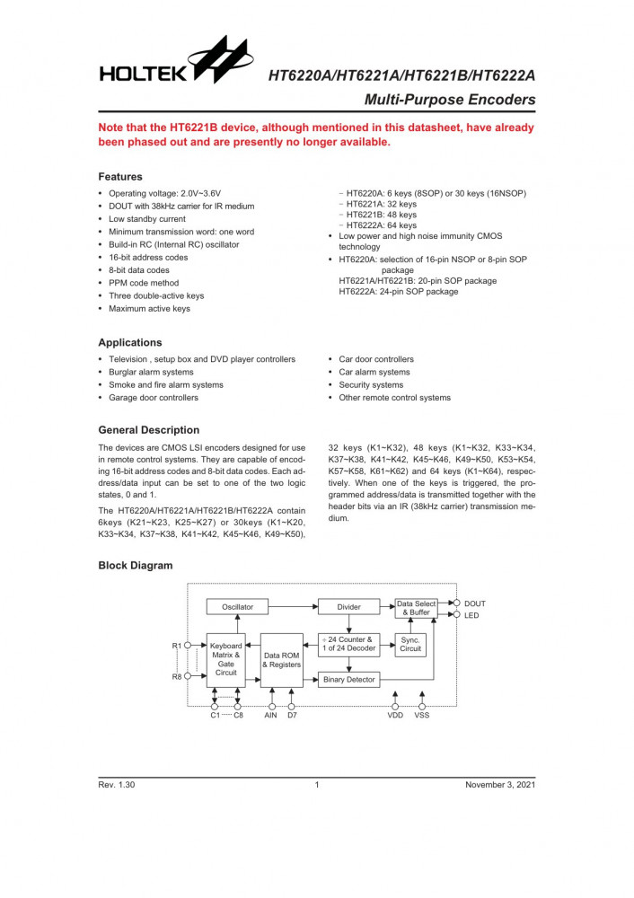 HT6220A datasheet page 1