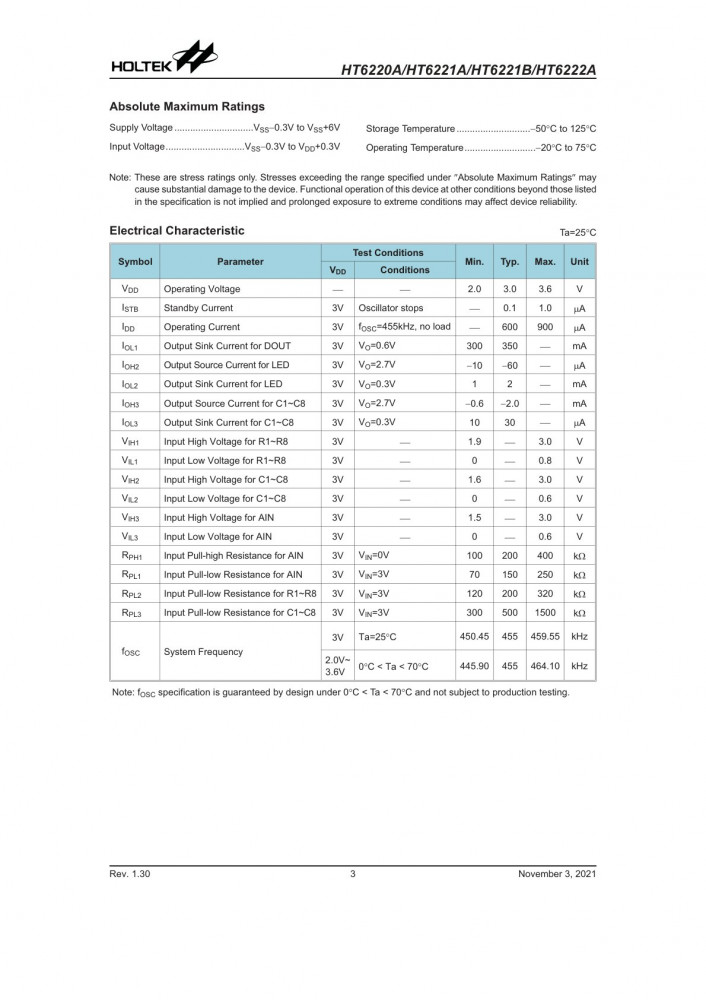 HT6220A datasheet page 3