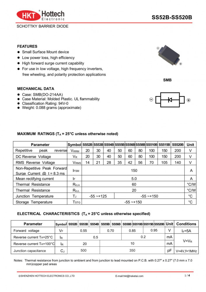 SS54B datasheet page 1