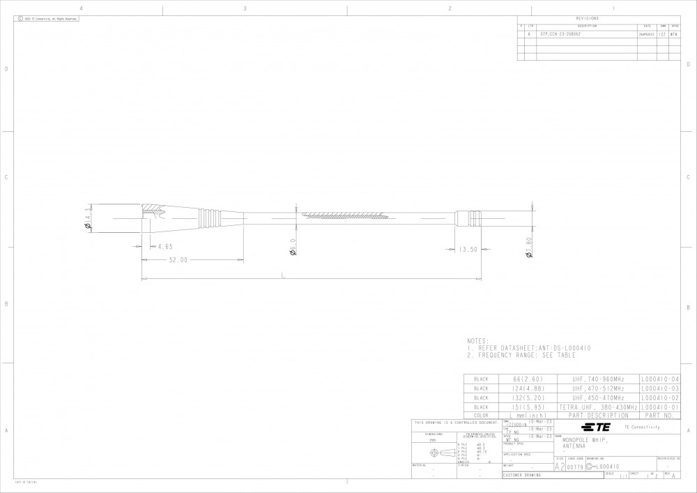TE Connectivity C-L000410 controlled customer drawing, page 1