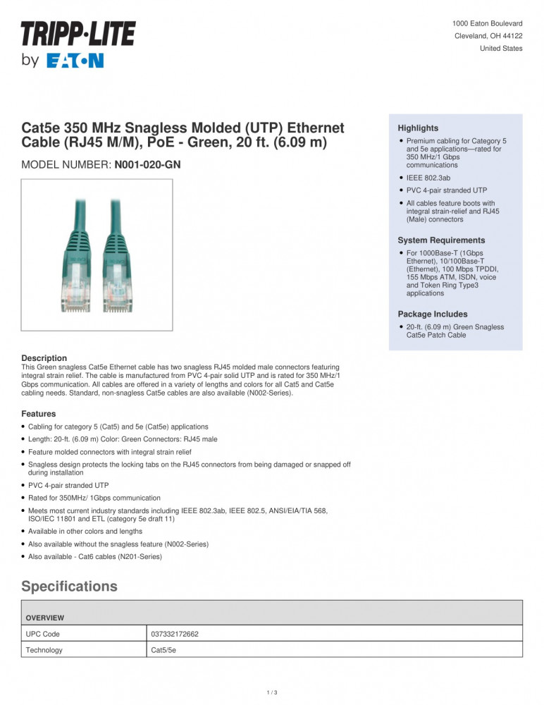 EATON N001-020-GN technical document page 1