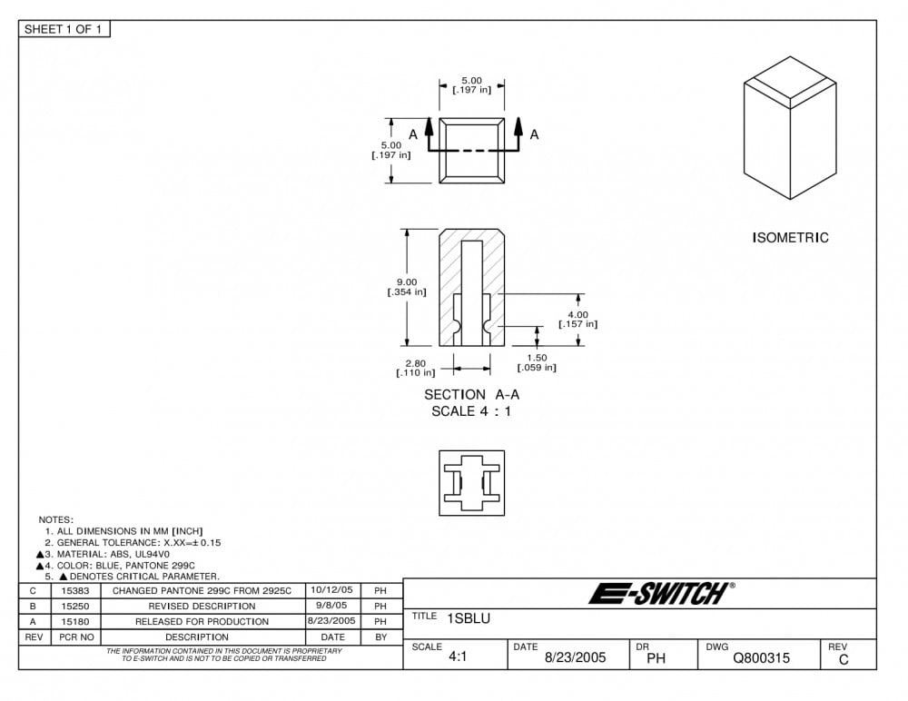 E-Switch 1SBLU technical drawing