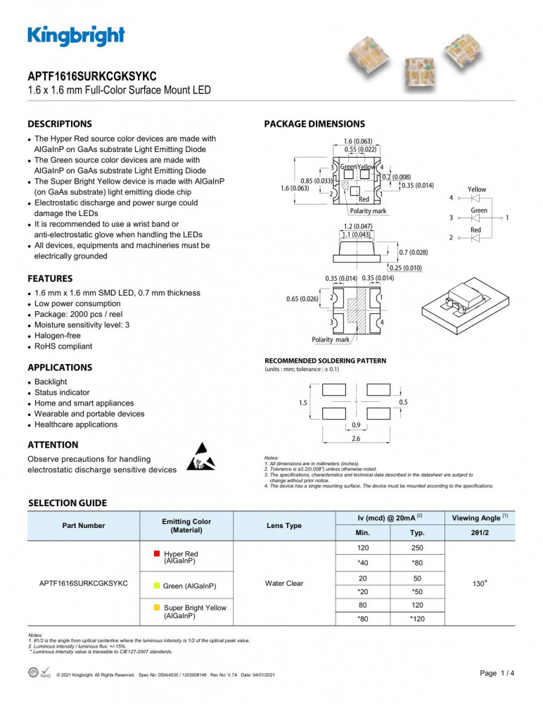 APTF1616SURKCGKSYKC datasheet page 1