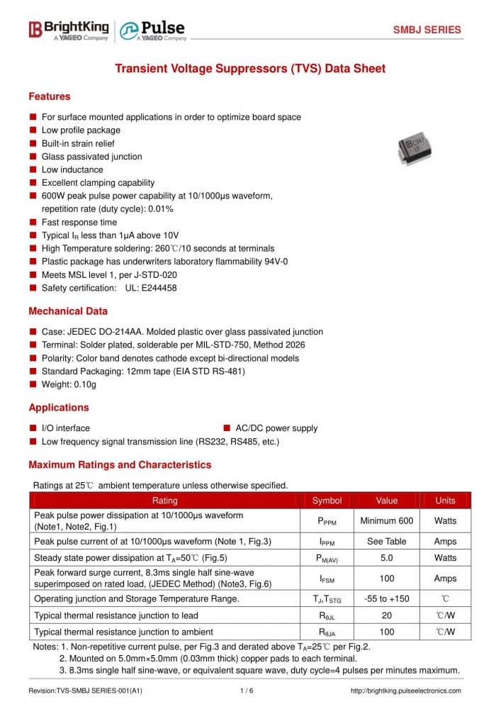 SMBJ series TVS datasheet page 1