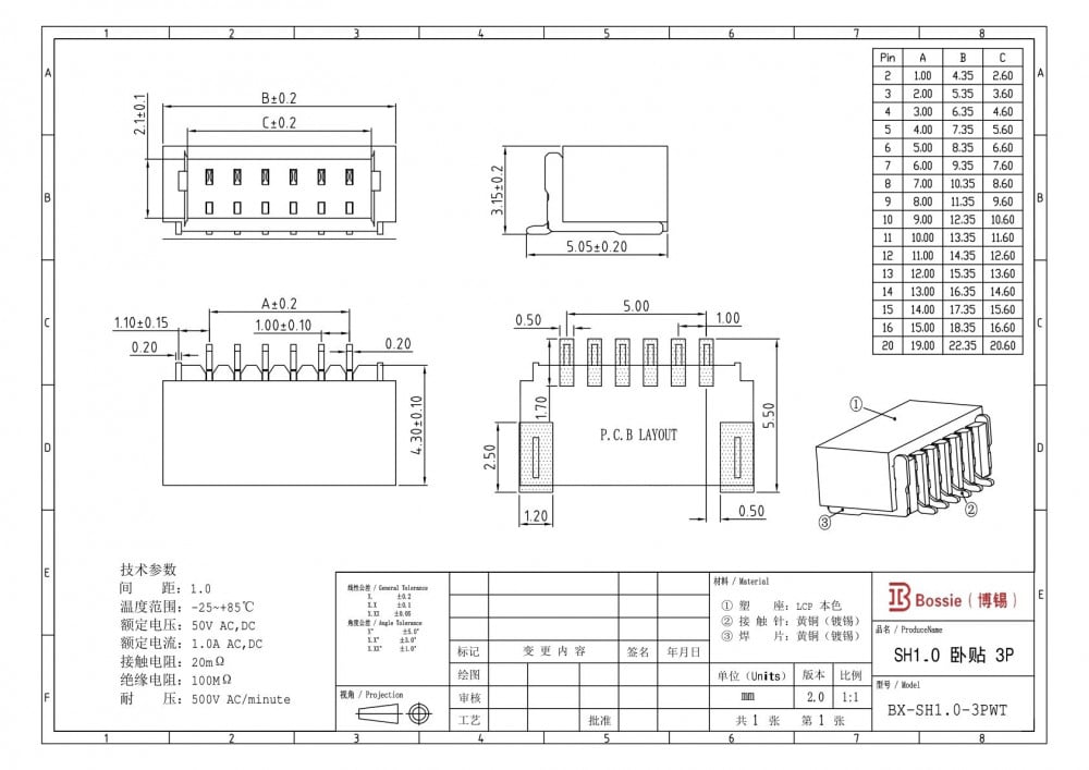 Bossie BX-SH1.0-3PWT technical drawing