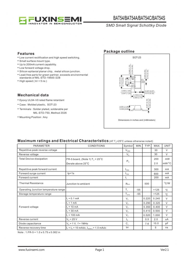 BAT54S datasheet page 1