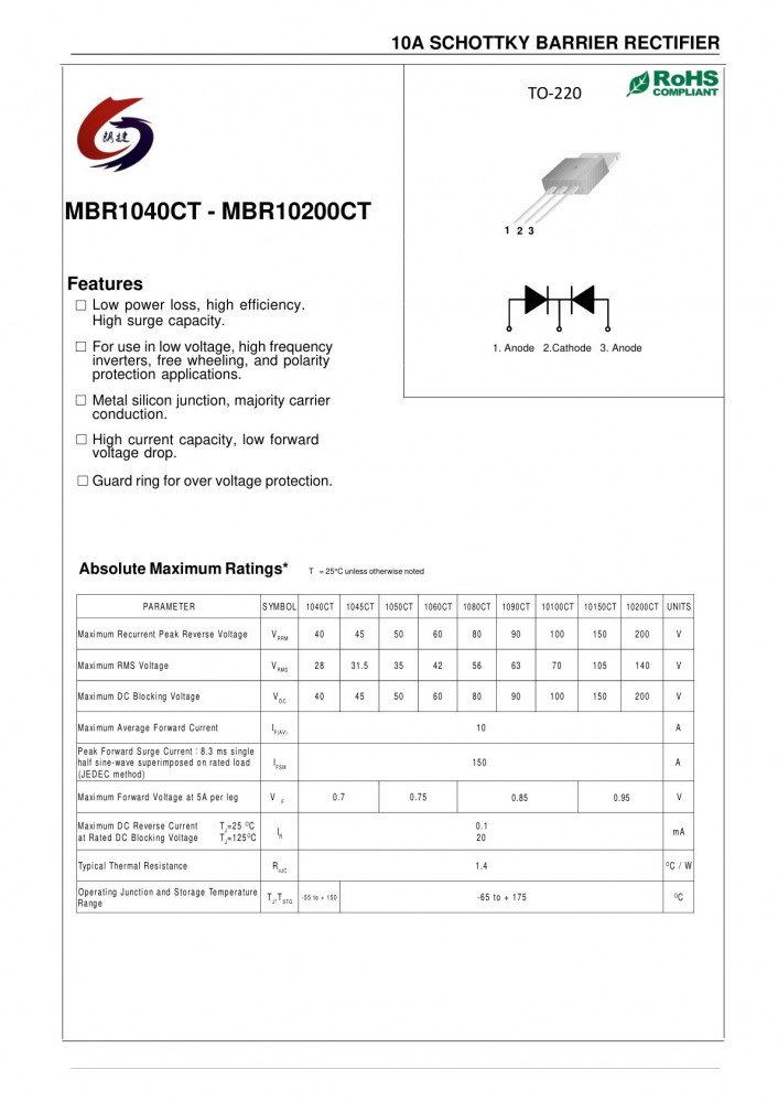 MBR10100CT datasheet page 1