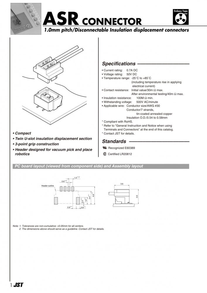 JST ASR series specifications and dimensional drawing