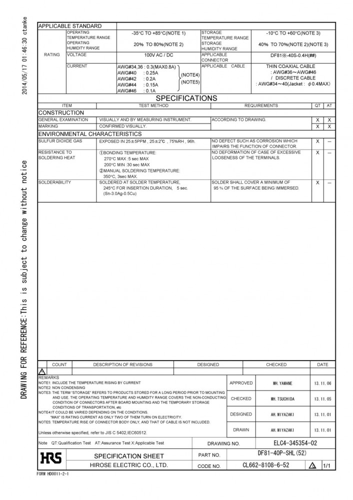 HRS DF81-40P-SHL(52) specification sheet