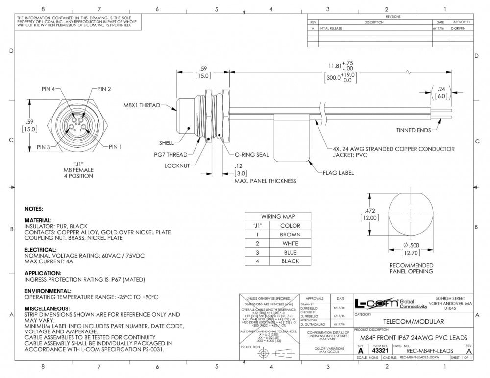 L-com REC-M84FF-LEADS technical drawing