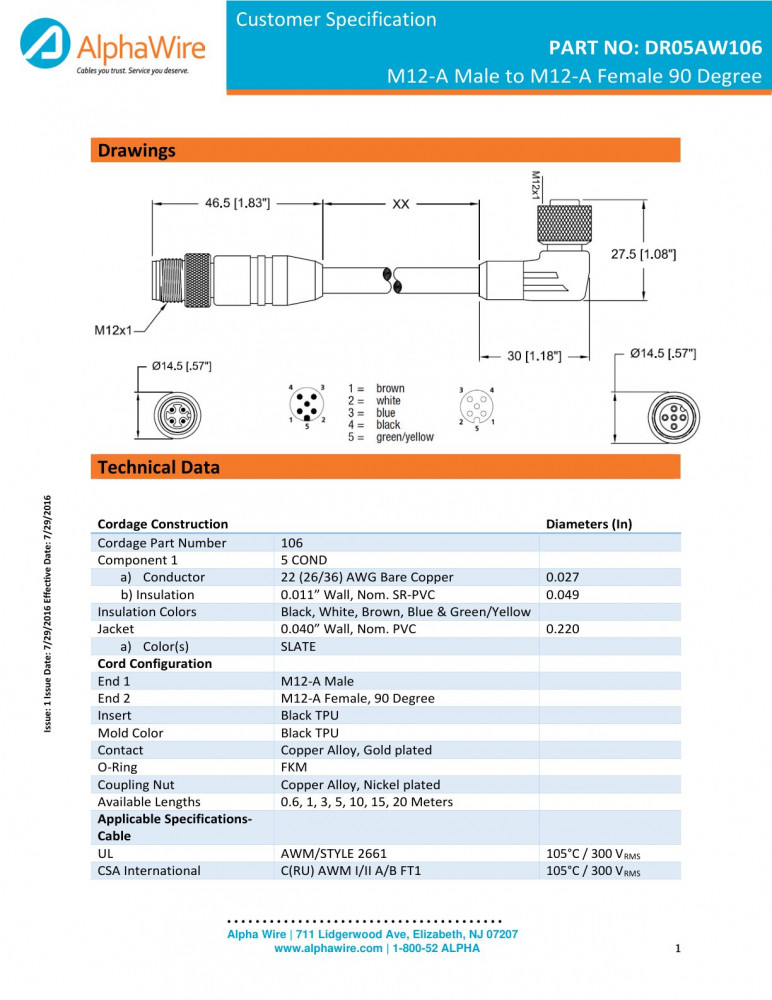 Alpha Wire DR05AW106 SL359 technical drawing page 1