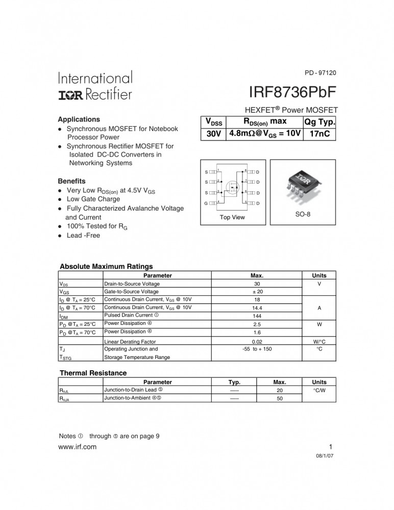IRF8736TRPBF datasheet page 1
