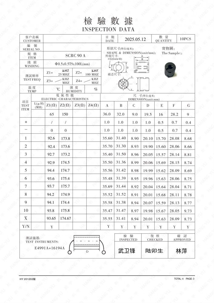SCRC90A inspection data page