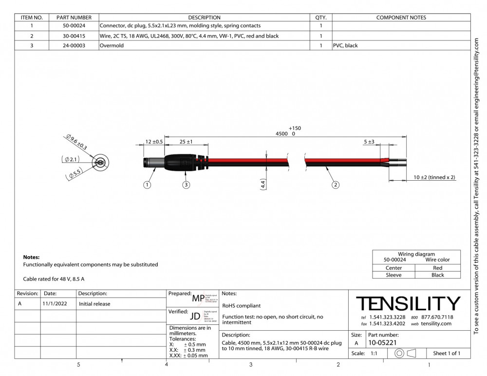 Tensility 10-05221 cable assembly drawing
