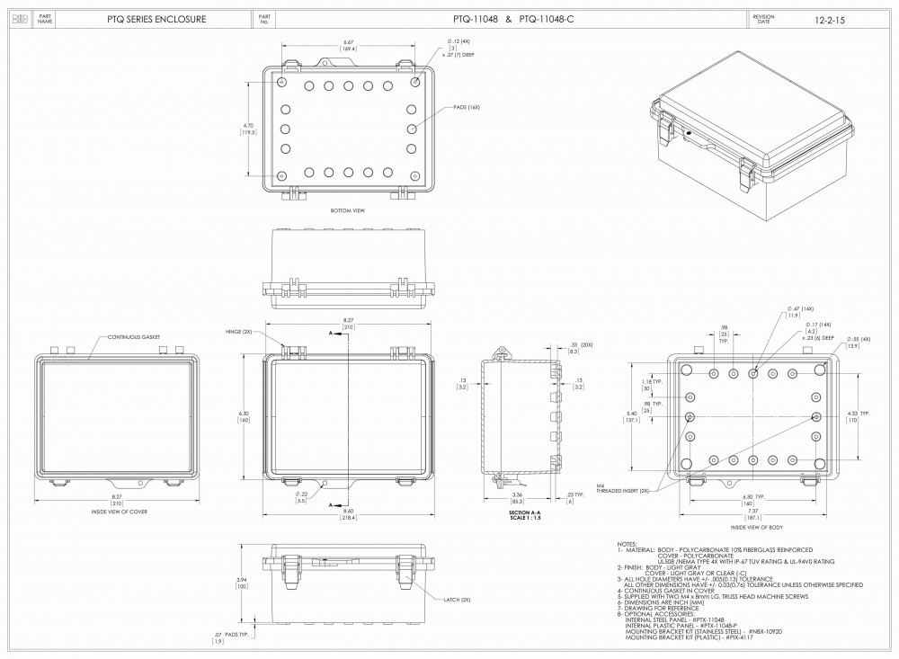 Bud Industries PTQ-11048 and PTQ-11048-C enclosure drawing