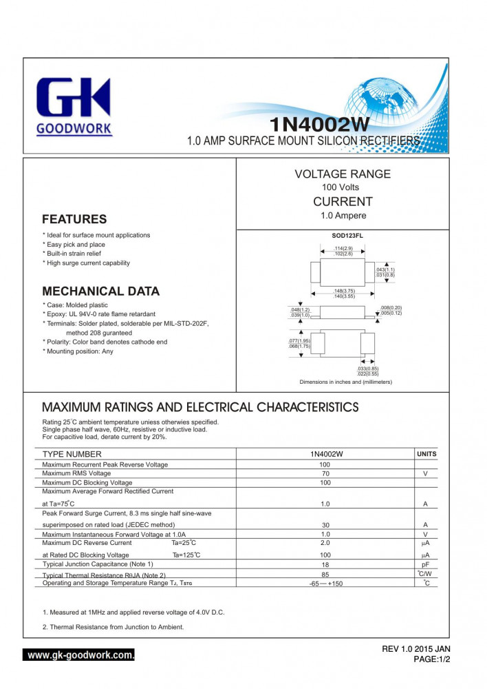 GOODWORK 1N4002W datasheet page 1