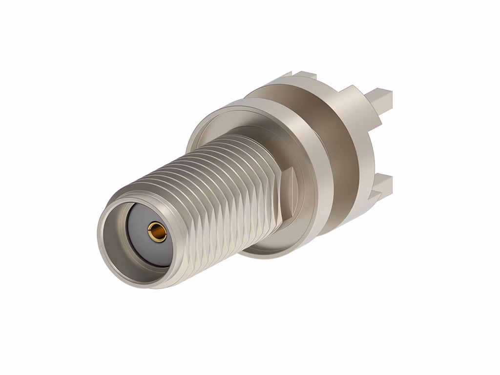 SMA Jack, Right-Angle, PCB Receptacle, Through Hole, Brass Body, Nickel (Ni) Plated, One Piece Per Bag, 50 Ohms