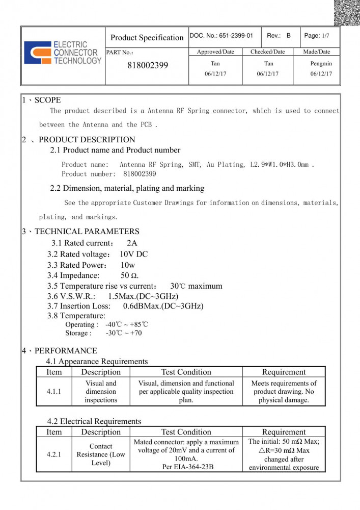 ECT 818002399 specification page 1