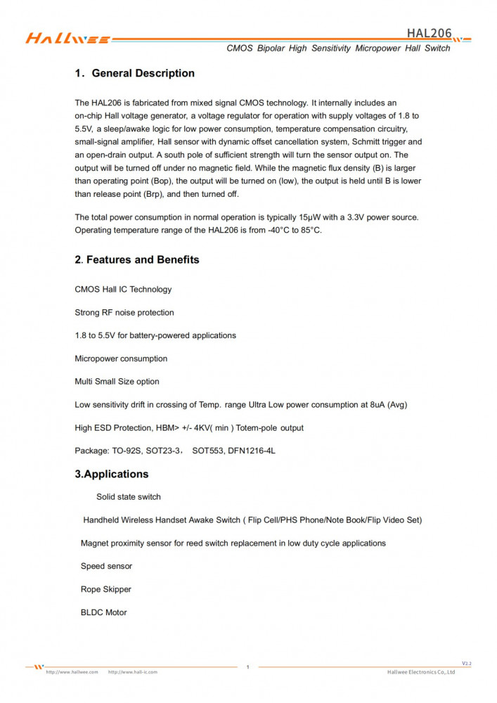 HAL206SO technical document page 1