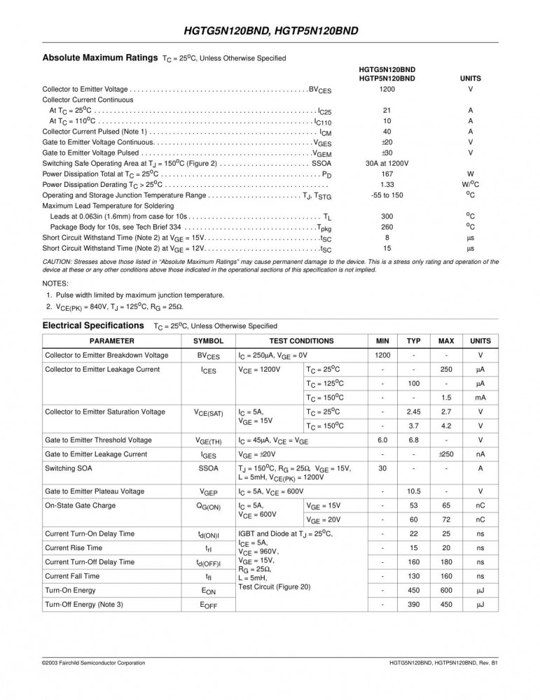 HGTP5N120BND datasheet page 3