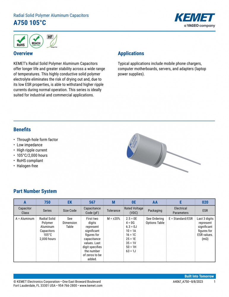 KEMET A750 datasheet page 1