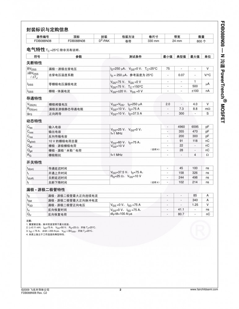 FDB088N08 datasheet preview, page 3