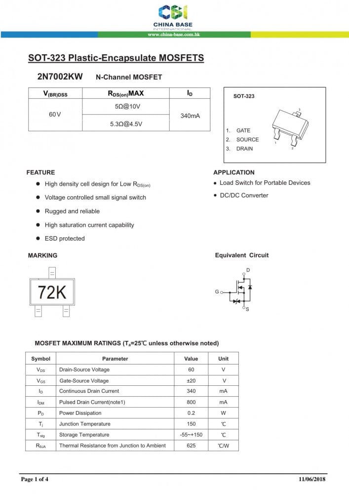 CBI 2N7002KW datasheet page 1