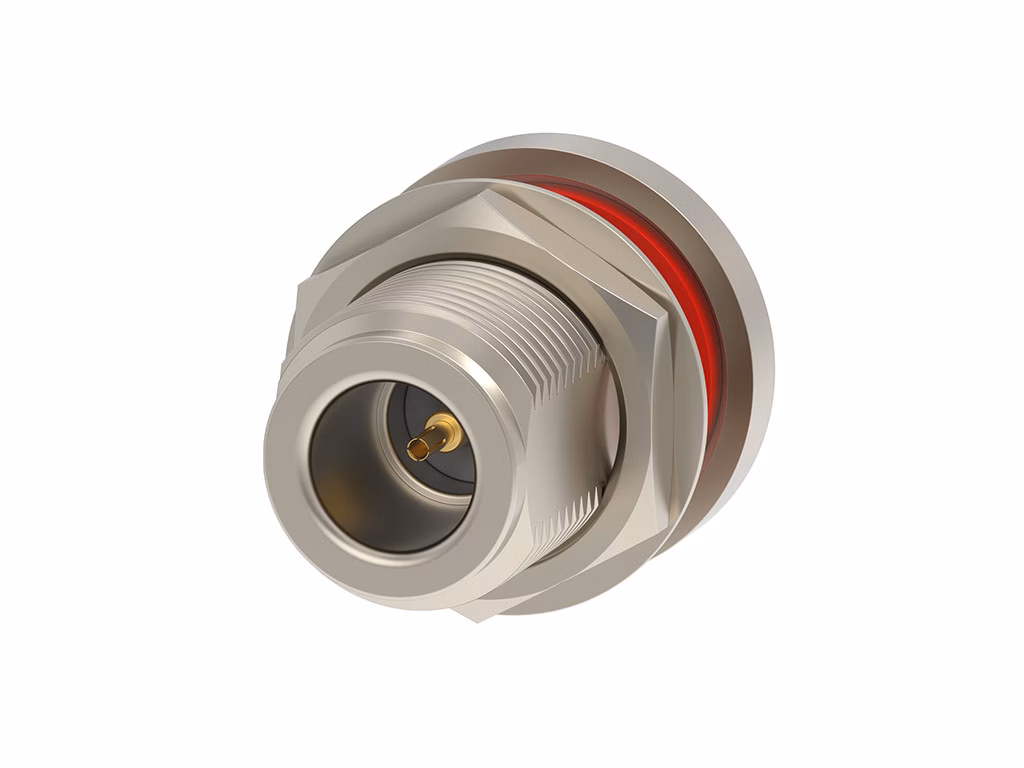 N Jack, Straight, Bulkhead Receptacle, PCB, Edge Mount, with Jam Nut and Lockwasher, Brass Body, Nickel (Ni) Plated, Tray, 50 Ohms