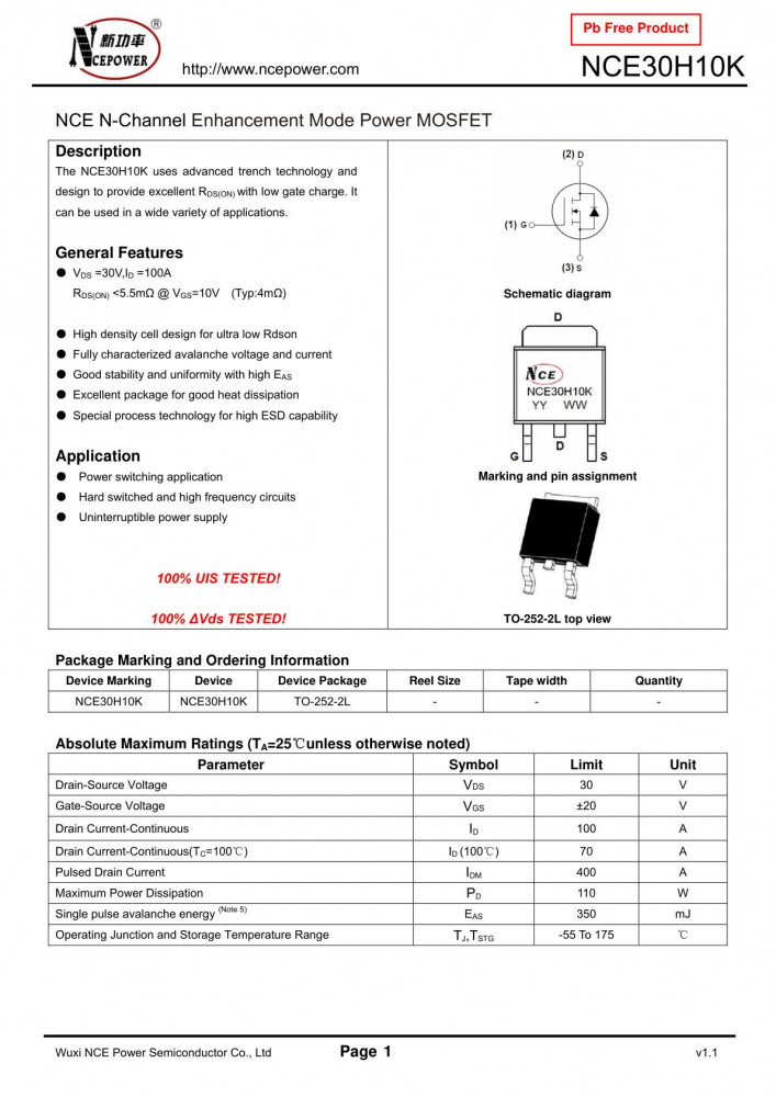 NCE30H10K datasheet page 1