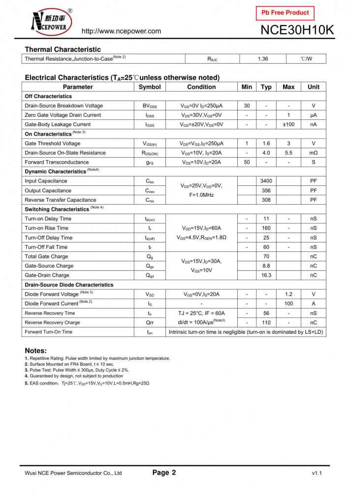 NCE30H10K datasheet page 2