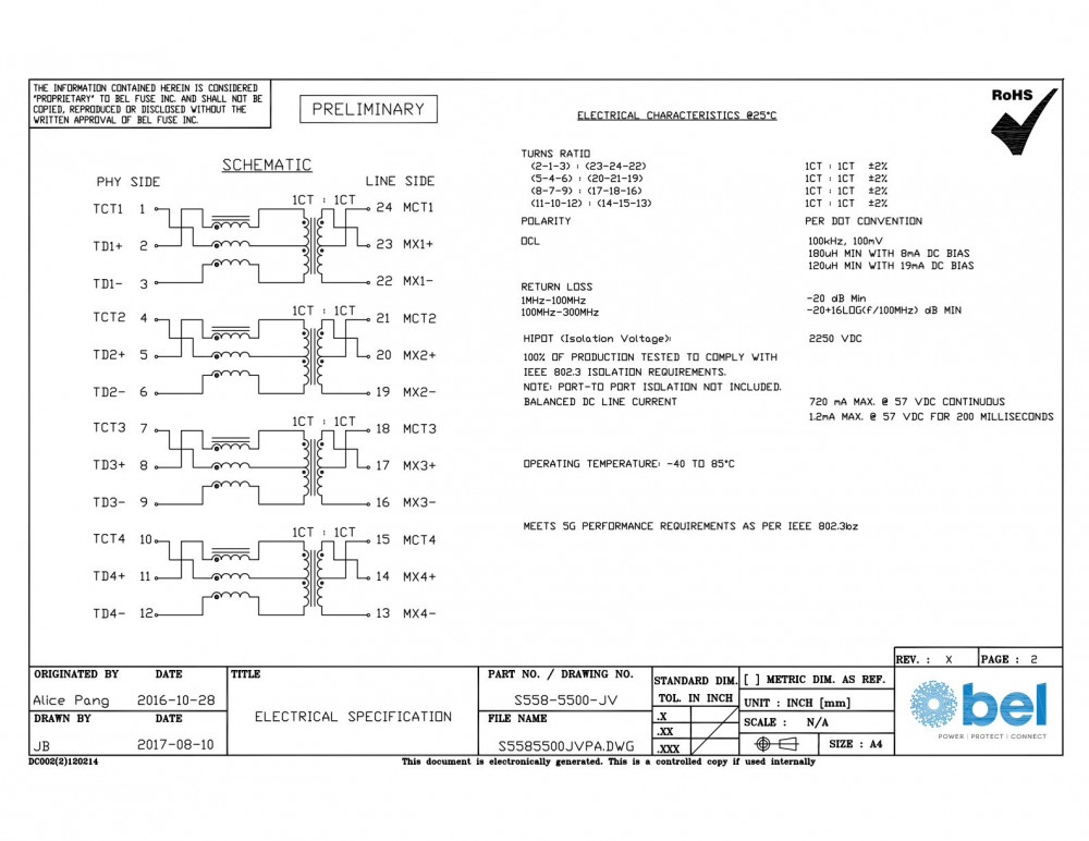 Bel Fuse S558-5500-JV electrical characteristics drawing