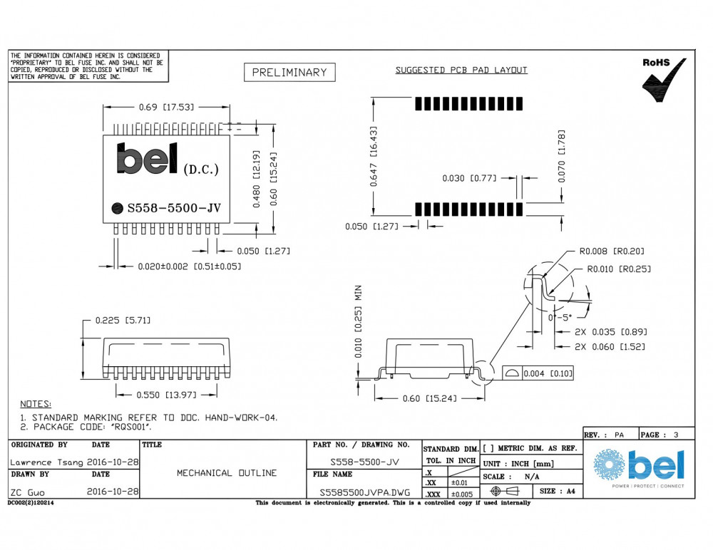 Bel Fuse S558-5500-JV mechanical outline and suggested PCB pad layout