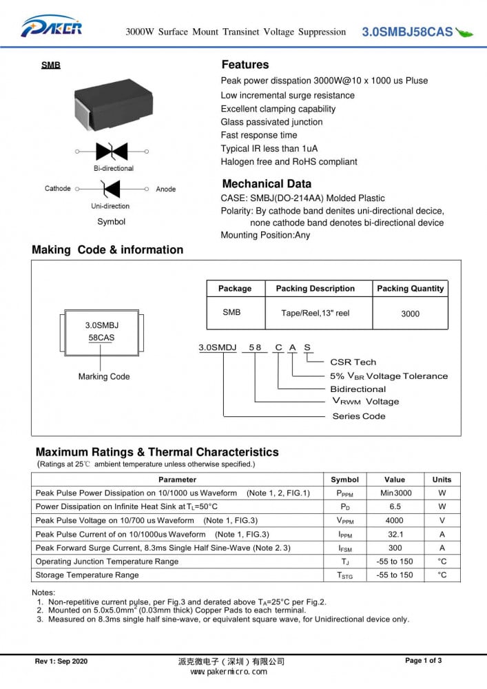 3.0SMBJ58CAS datasheet page 1