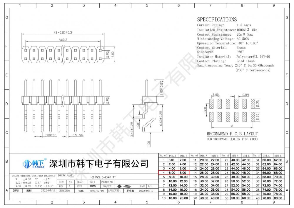 HANXIA HX PZ2.0-2x4P WT technical drawing