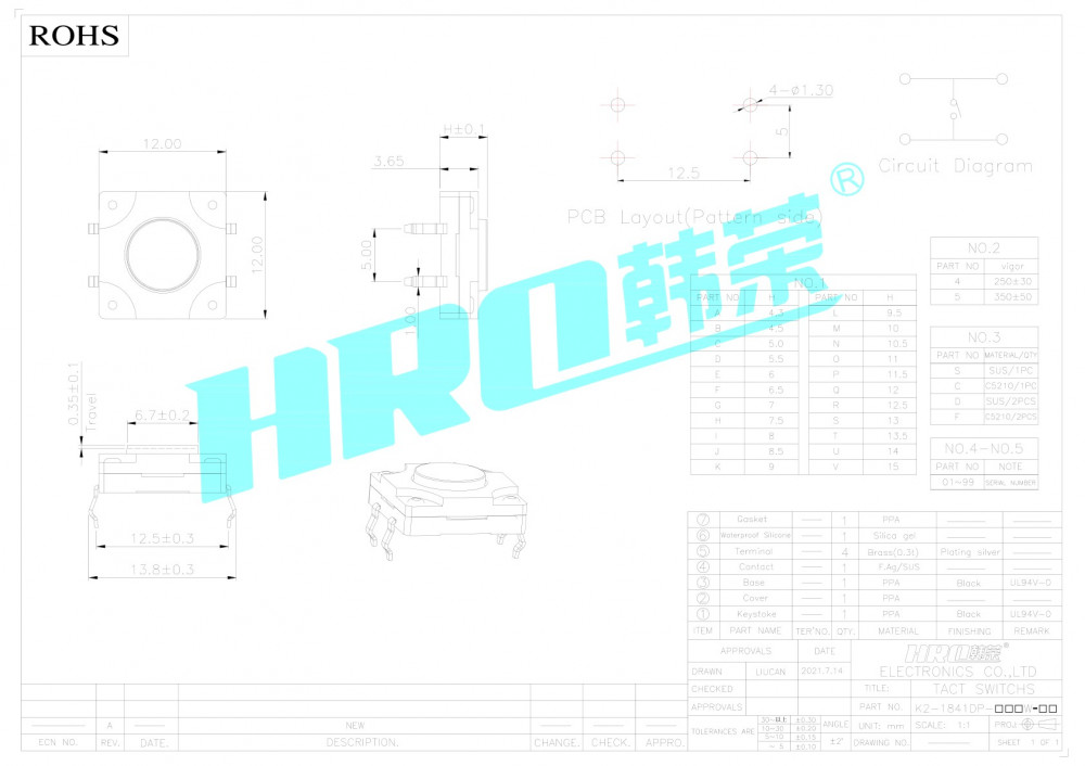 K2-1841DP tactile switch technical drawing and material table
